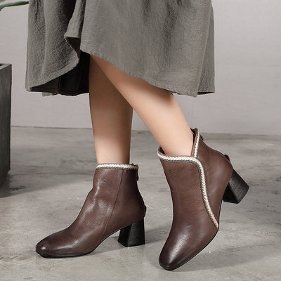 S211 Factory retro handmade leather high-heeled short-tube women's boots increased thick with fashion all-match simple