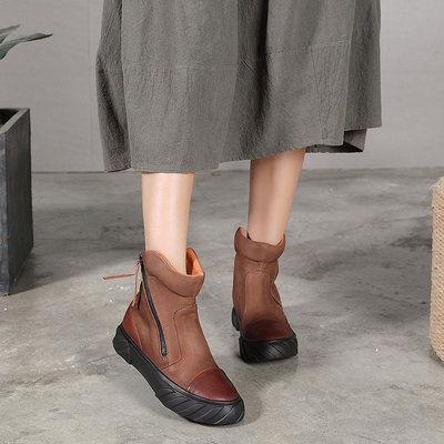 S212 Side zipper top layer cowhide handmade retro women's shoes autumn and winter new fashion all-match short leather