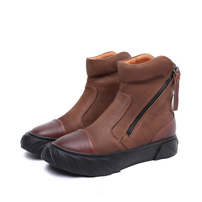S212 Side zipper top layer cowhide handmade retro women's shoes autumn and winter new fashion all-match short leather