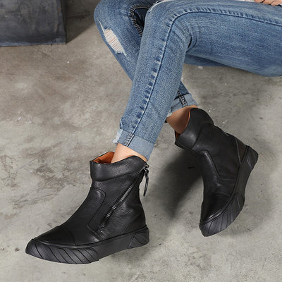 S212 Side zipper top layer cowhide handmade retro women's shoes autumn and winter new fashion all-match short leather