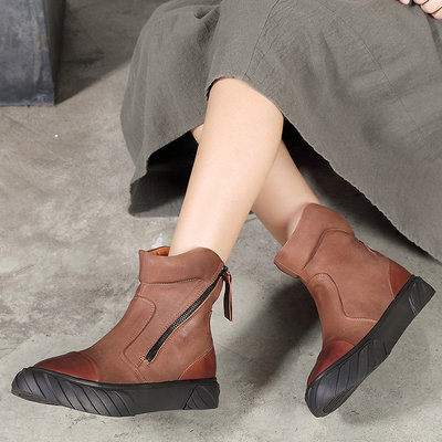 S212 Side zipper top layer cowhide handmade retro women's shoes autumn and winter new fashion all-match short leather