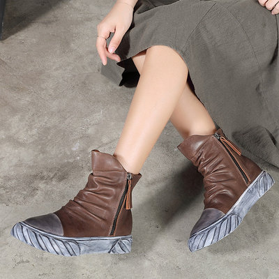 S216 Natural folds rubbed color leather handmade women's shoes cowhide thick heel autumn and winter new knight boots
