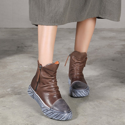 S216 Natural folds rubbed color leather handmade women's shoes cowhide thick heel autumn and winter new knight boots