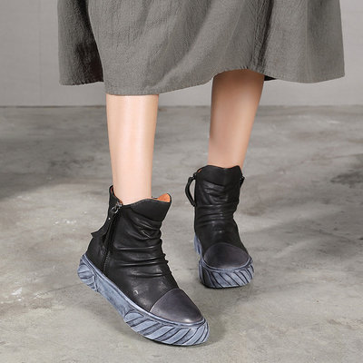 S216 Natural folds rubbed color leather handmade women's shoes cowhide thick heel autumn and winter new knight boots