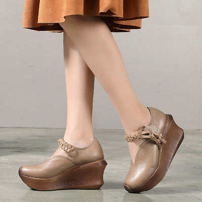 S217 Comfortable and stable high-heel platform leather women's shoes handmade leather women's autumn and winter platform