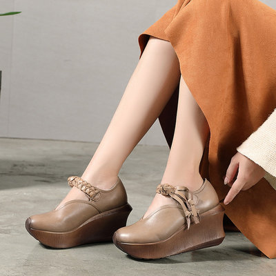 S217 Comfortable and stable high-heel platform leather women's shoes handmade leather women's autumn and winter platform