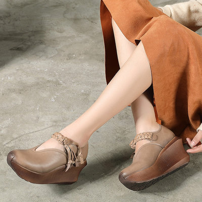 S217 Comfortable and stable high-heel platform leather women's shoes handmade leather women's autumn and winter platform