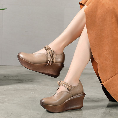 S217 Comfortable and stable high-heel platform leather women's shoes handmade leather women's autumn and winter platform