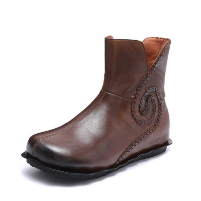 S218 Gradient polished retro ethnic style handmade women's shoes cowhide flat-bottomed autumn and winter warm women's le