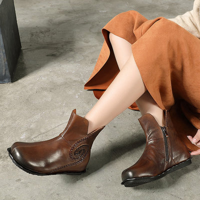 S218 Gradient polished retro ethnic style handmade women's shoes cowhide flat-bottomed autumn and winter warm women's le