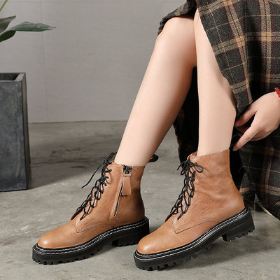 S219 Fashion thick-soled handmade leather Martin boots autumn and winter hot style lace up British style leather women's
