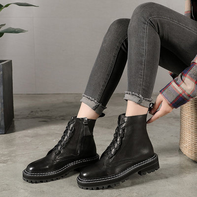 S219 Fashion thick-soled handmade leather Martin boots autumn and winter hot style lace up British style leather women's