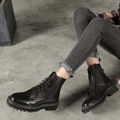 S219 Fashion thick-soled handmade leather Martin boots autumn and winter hot style lace up British style leather women's