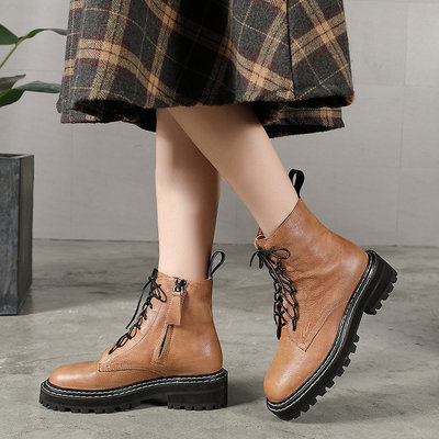 S219 Fashion thick-soled handmade leather Martin boots autumn and winter hot style lace up British style leather women's