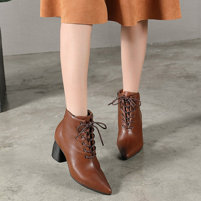 S221 Pointed toe leather short boots Korean style all-match high heel women's leather boots