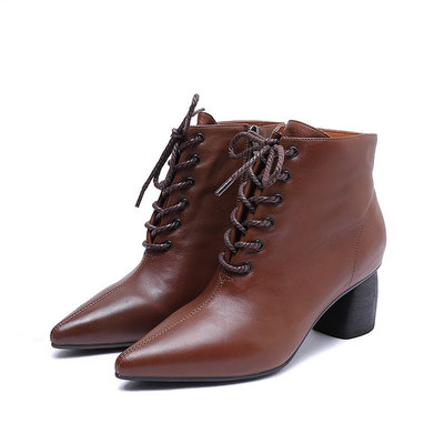 S221 Pointed toe leather short boots Korean style all-match high heel women's leather boots