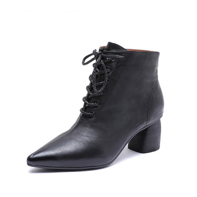 S221 Pointed toe leather short boots Korean style all-match high heel women's leather boots