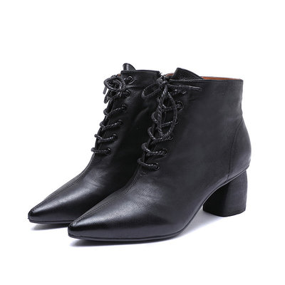 S221 Pointed toe leather short boots Korean style all-match high heel women's leather boots