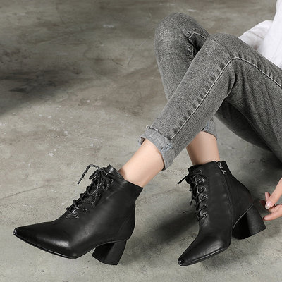 S221 Pointed toe leather short boots Korean style all-match high heel women's leather boots