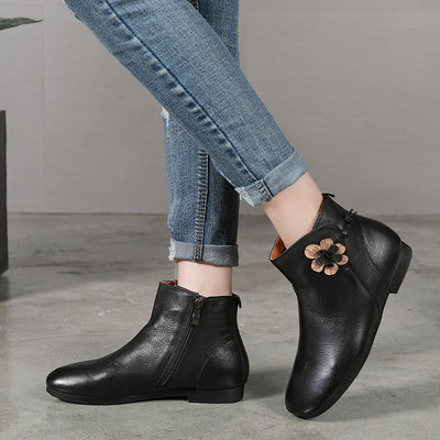 S225 Literary low-barrel hand-made clear women's short boots top layer cowhide flat bottom fashion all-match women's sho