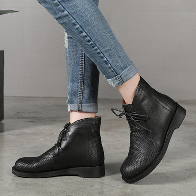 S226 Warm and velvet thick lace-up leather ankle boots fashion all-match rubber outsole women's shoes