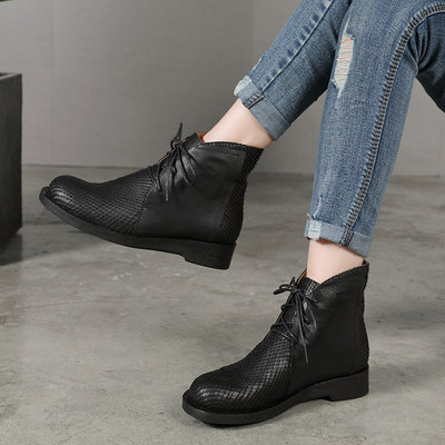 S226 Warm and velvet thick lace-up leather ankle boots fashion all-match rubber outsole women's shoes