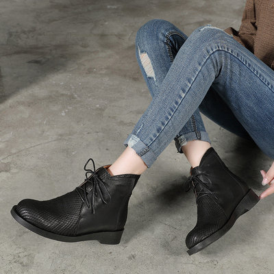 S226 Warm and velvet thick lace-up leather ankle boots fashion all-match rubber outsole women's shoes