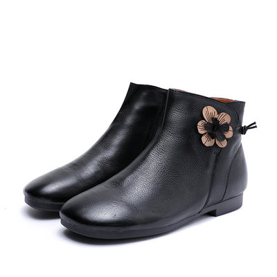 S229 Low-barreled handmade fresh literary style women's short boots top layer cowhide flat bottom Mori fashion all-match