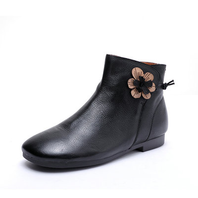 S229 Low-barreled handmade fresh literary style women's short boots top layer cowhide flat bottom Mori fashion all-match