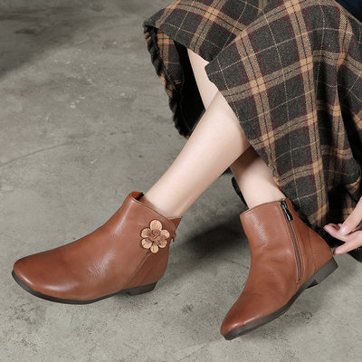 S229 Low-barreled handmade fresh literary style women's short boots top layer cowhide flat bottom Mori fashion all-match