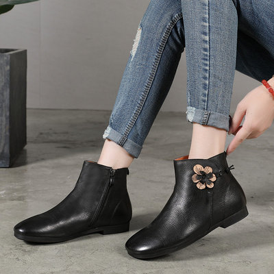 S229 Low-barreled handmade fresh literary style women's short boots top layer cowhide flat bottom Mori fashion all-match