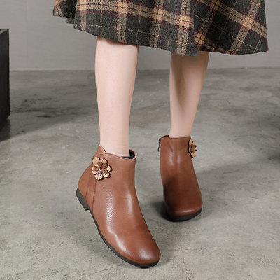 S229 Low-barreled handmade fresh literary style women's short boots top layer cowhide flat bottom Mori fashion all-match
