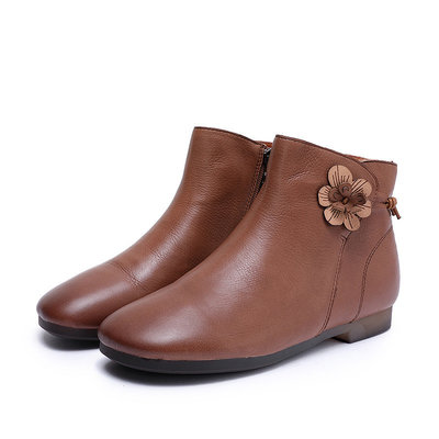 S229 Low-barreled handmade fresh literary style women's short boots top layer cowhide flat bottom Mori fashion all-match