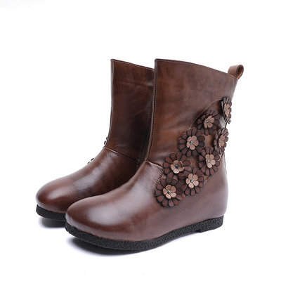 S234 Leather handmade flowers women's boots thickened woolly cotton shoes in tube leather women's shoes