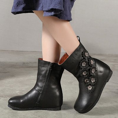 S234 Leather handmade flowers women's boots thickened woolly cotton shoes in tube leather women's shoes