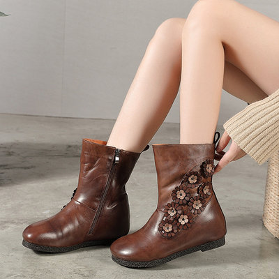 S234 Leather handmade flowers women's boots thickened woolly cotton shoes in tube leather women's shoes