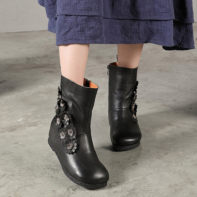 S234 Leather handmade flowers women's boots thickened woolly cotton shoes in tube leather women's shoes