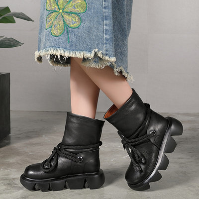 S236 Retro short boots handmade leather thick-soled warm women's shoes autumn and winter thickened woolen shoes