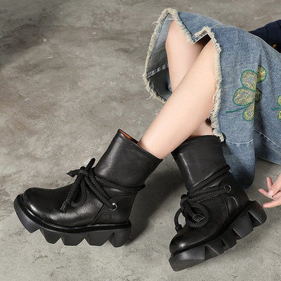 S236 Retro short boots handmade leather thick-soled warm women's shoes autumn and winter thickened woolen shoes