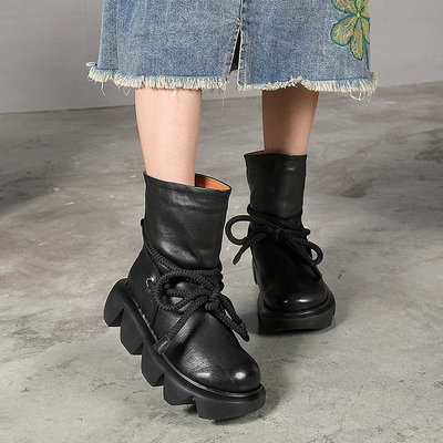 S236 Retro short boots handmade leather thick-soled warm women's shoes autumn and winter thickened woolen shoes