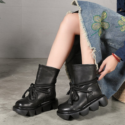 S236 Retro short boots handmade leather thick-soled warm women's shoes autumn and winter thickened woolen shoes