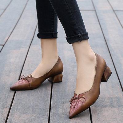 S238 2020 new handmade leather women's shoes retro ethnic style pointed thick high heels wholesale