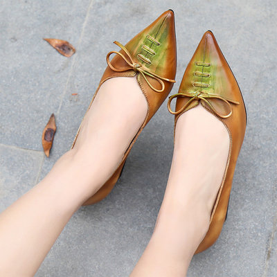 S238 2020 new handmade leather women's shoes retro ethnic style pointed thick high heels wholesale
