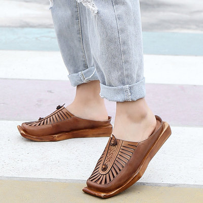 S244 Ethnic style square head casual Baotou sandals handmade leather hollow single shoes women's shoes
