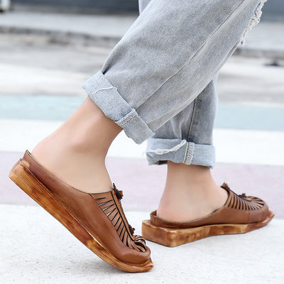 S244 Ethnic style square head casual Baotou sandals handmade leather hollow single shoes women's shoes