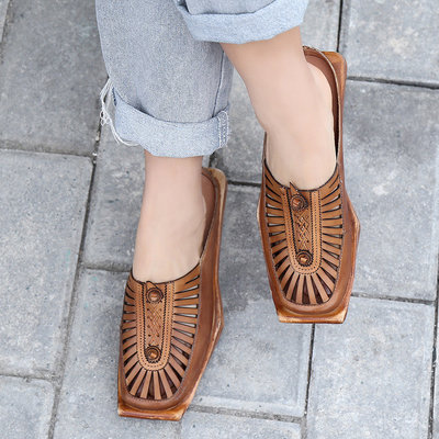 S244 Ethnic style square head casual Baotou sandals handmade leather hollow single shoes women's shoes