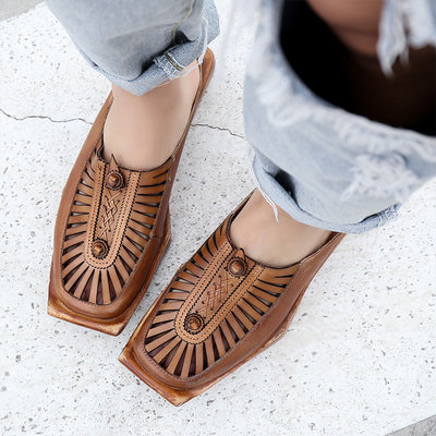 S244 Ethnic style square head casual Baotou sandals handmade leather hollow single shoes women's shoes