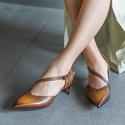 S245 Pointed toe fashion handmade leather high heels ethnic style retro spring and summer women's shoes for hair process