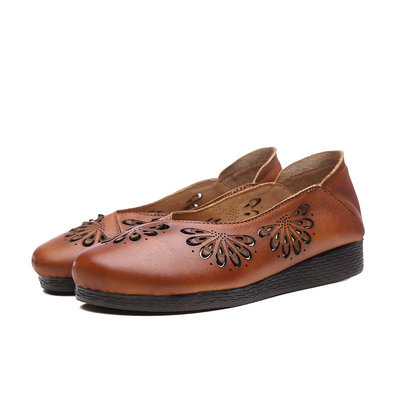S247 Spring and summer new round head hollow retro style leather handmade women's shoes fashion all-match simple shoes