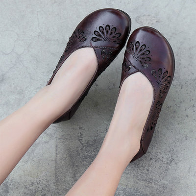 S247 Spring and summer new round head hollow retro style leather handmade women's shoes fashion all-match simple shoes